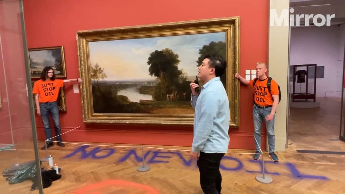 Young supporters of Just Stop Oil glue themselves to a Turner painting ...
